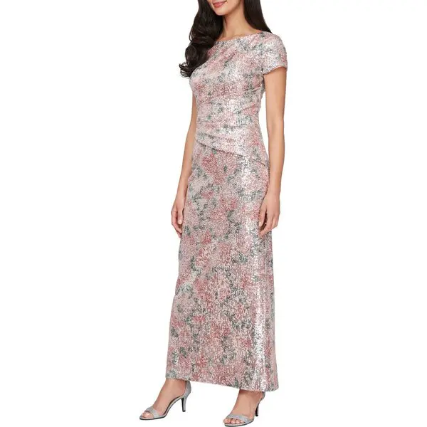 Alex Evenings Rose Print Sequin Gown