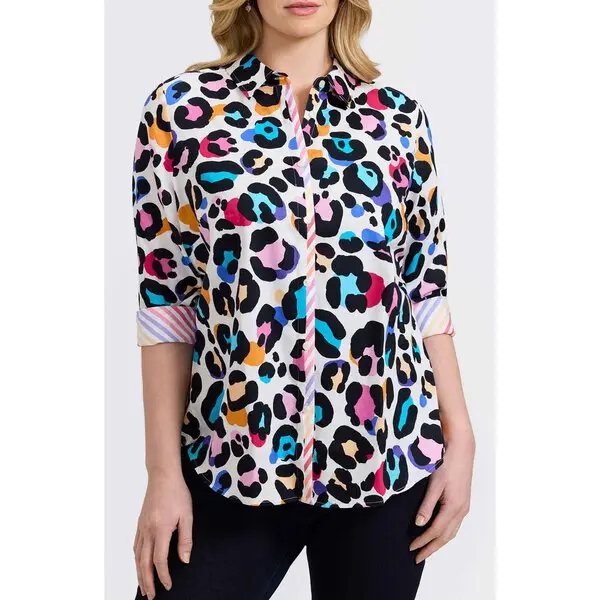 Foxcroft Leopard Print Cotton Shirt - White Multi