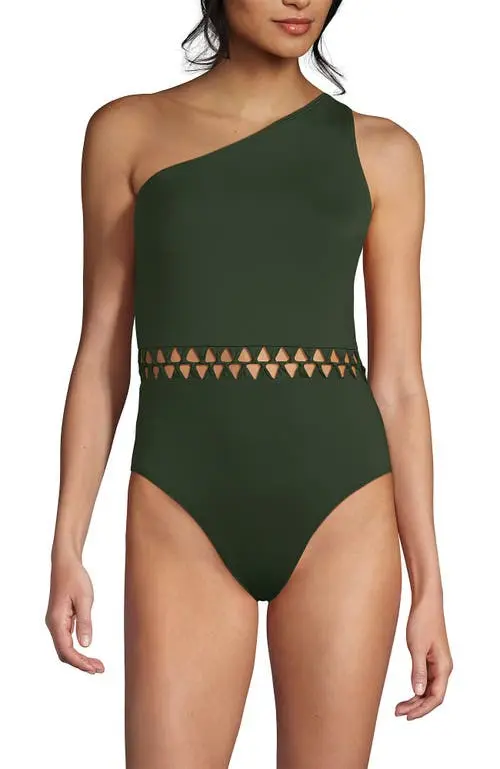 LANDS' END Macrame One-shoulder One-piece Swimsuit - Rich Olive Green