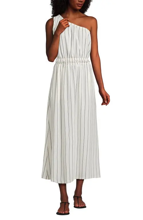 LANDS' END Creaseless One-shoulder Midi Dress - Ivory/black Stripe