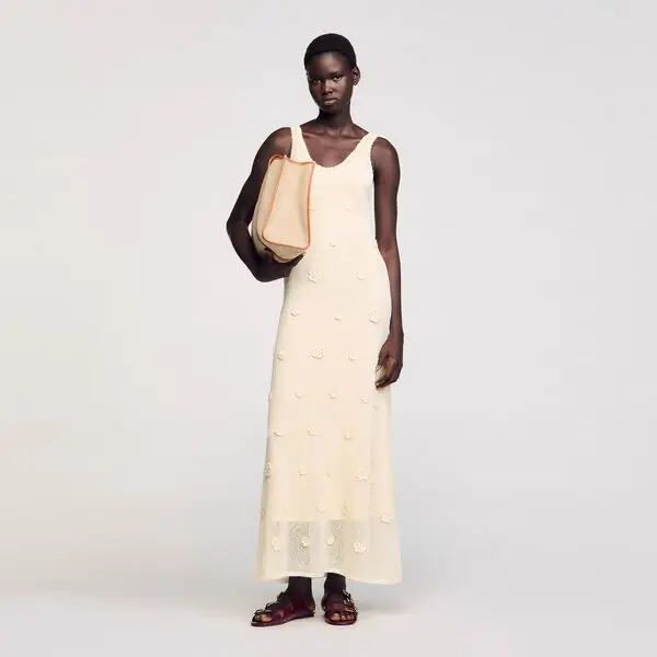 Sandro Fishnet Knit Maxi Dress With Floral Detail In Ecru - 30% Off |  Editorialist