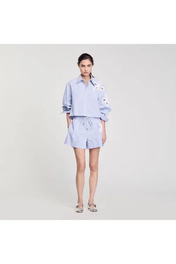 Sandro Striped Shorts With Floral Embroidery - Blue