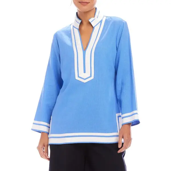 Karen Kane St. Tropez Linen Blend Tunic - Blue W/ White