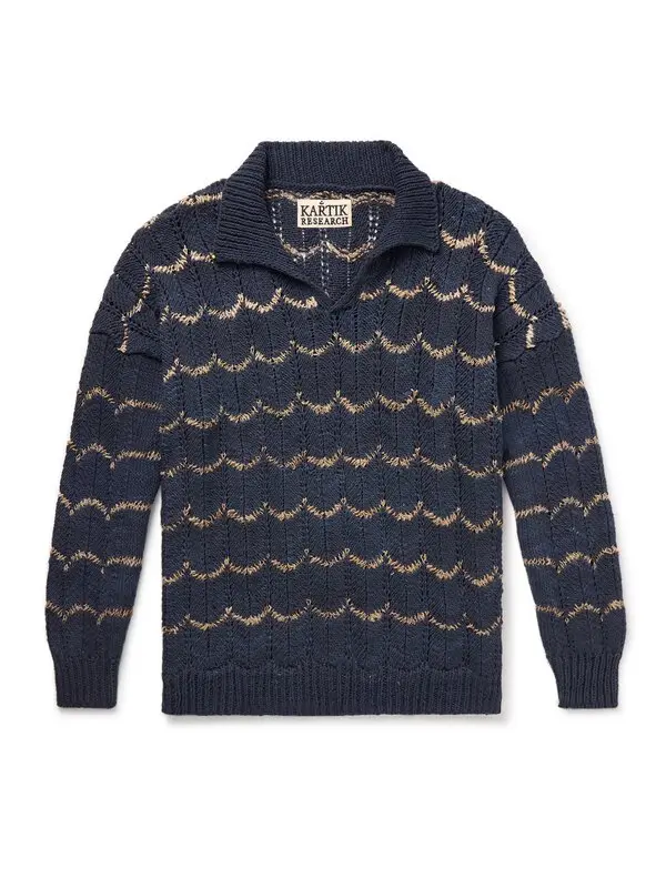 KARTIK RESEARCH Open-knit Intarsia Cotton Polo Shirt - Blue