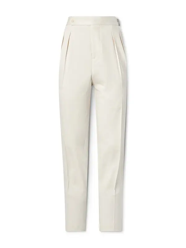 Brunello Cucinelli Straight-leg Pleated Silk-satin Tuxedo Trousers - Neutrals