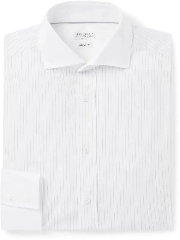 Brunello Cucinelli Cutaway-collar Pinstriped Cotton Shirt - White