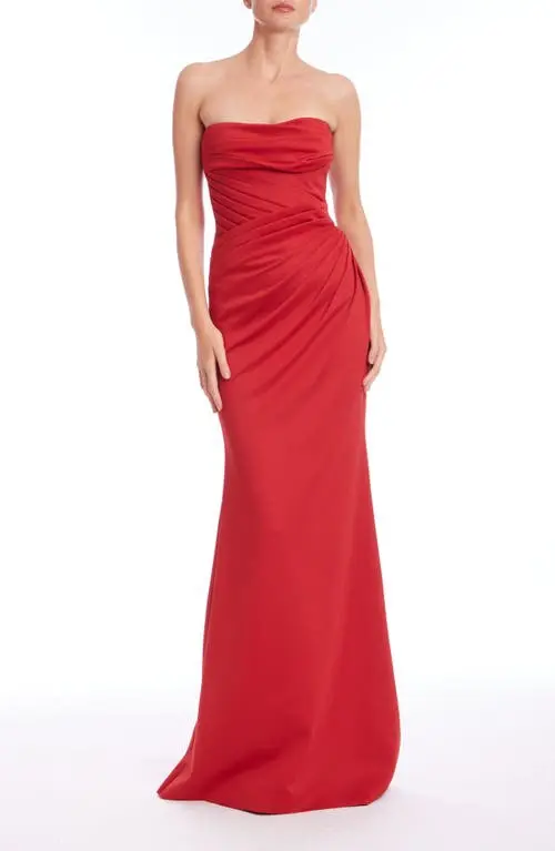 Badgley Mischka Strapless Pleat Detail Gown - Deep Red