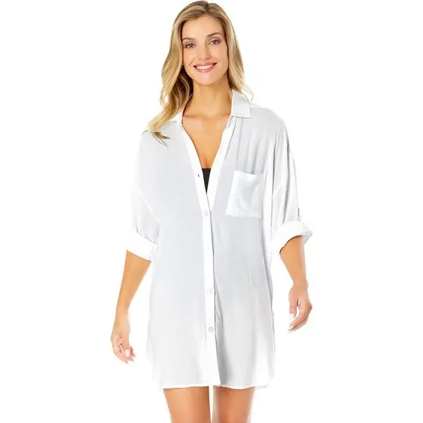 ANNE COLE Live In Color Button Down Shirt Swimsuit Cover Up - White