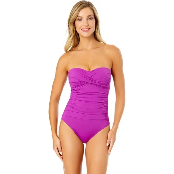 ANNE COLE Twist Front Shirred One Piece Swimsuit - Fuchsia