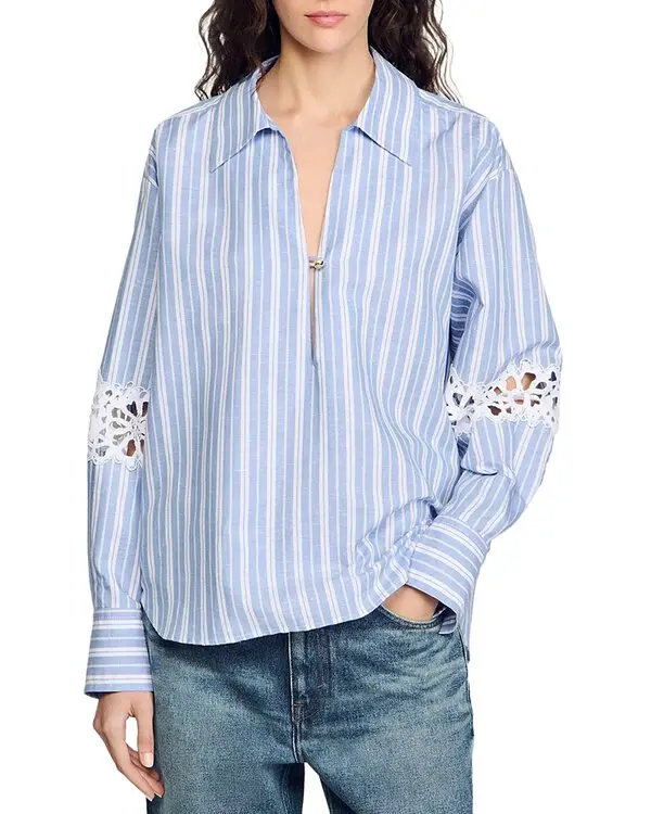 Sandro Lace Trim Popover Shirt - Blue/white
