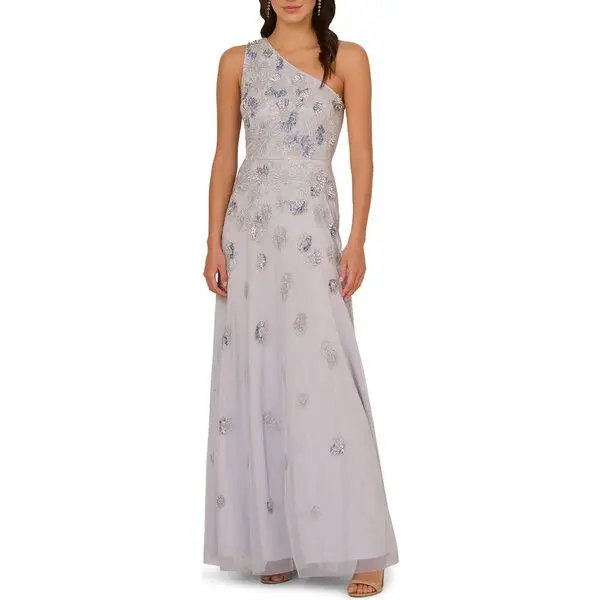Adrianna Papell Beaded One-Shoulder Gown - Serenity | Editorialist