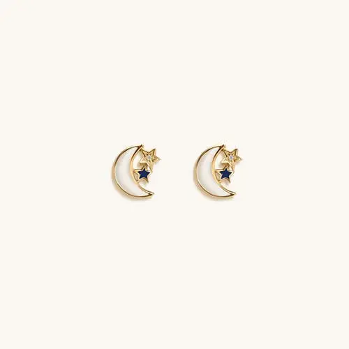 KARMA AND LUCK Enamel Moon & Star Diamond Stud Earrings