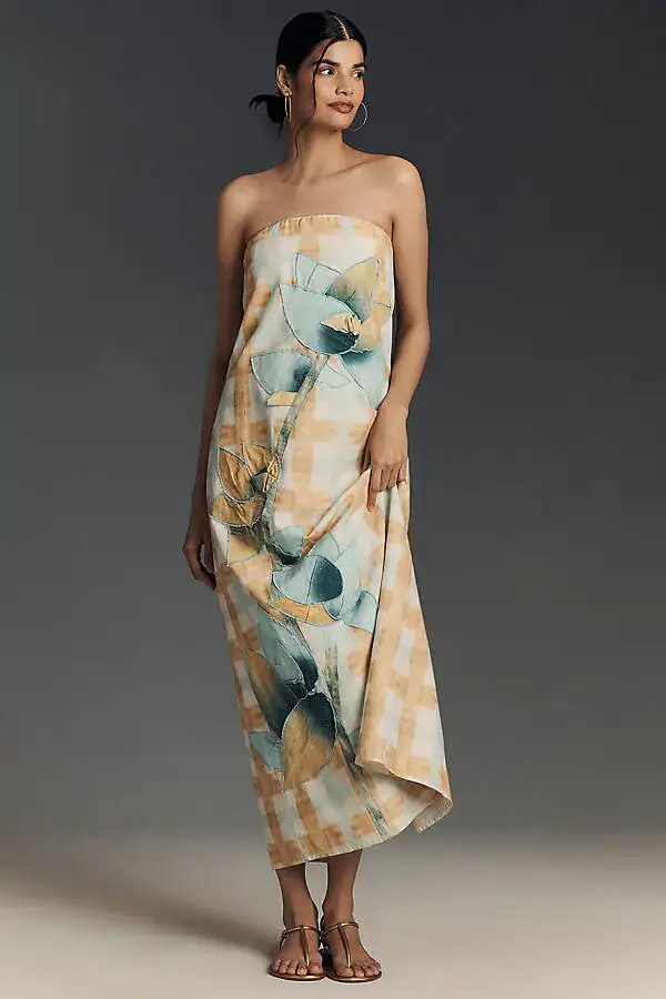 anthropologie blue linen dress Navy Long Sleeve High Neck Floral Beaded A-line Mesh Gown main image 1