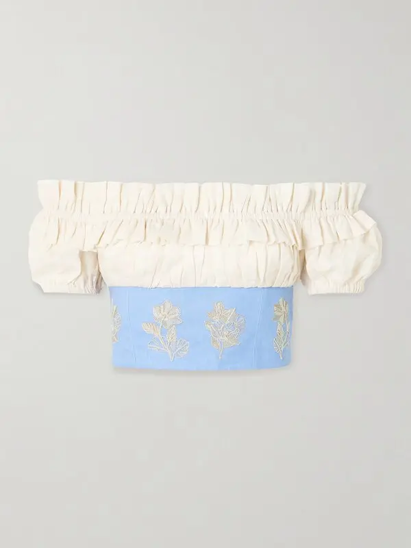 Agua Bendita Pimienta Madera Cropped Embroidered Linen Top