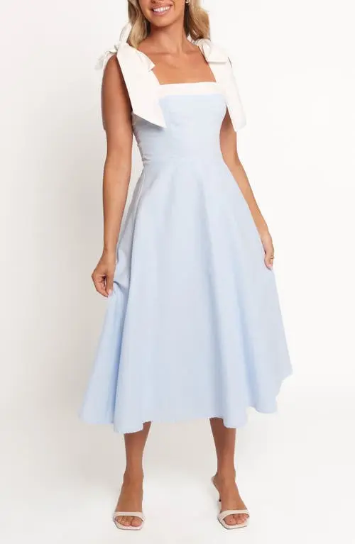 PETAL & PUP Olinda Bow Strap Midi Dress - Pale Blue/ White