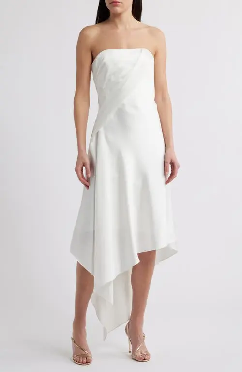 Amsale Asymmetric Strapless Satin Midi Dress