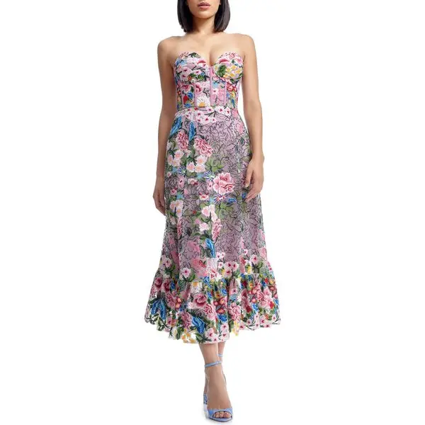 Dress The Population Carina Embroidered Midi Dress - Blush Multi
