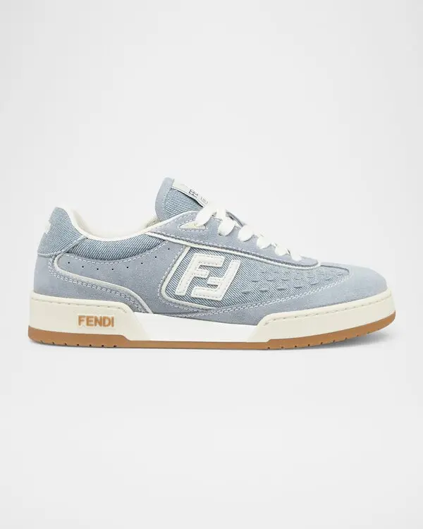 Fendi Match Denim And Suede Low-top Sneakers - Cielo Blu Bianc Bia