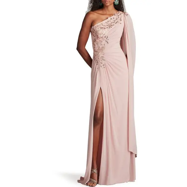 Tadashi Shoji Sequin Leaf Detail One-shoulder Gown - Adobe Blush
