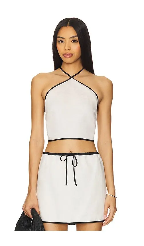 Onia Air Linen Cropped Halter Top - Egret & Black