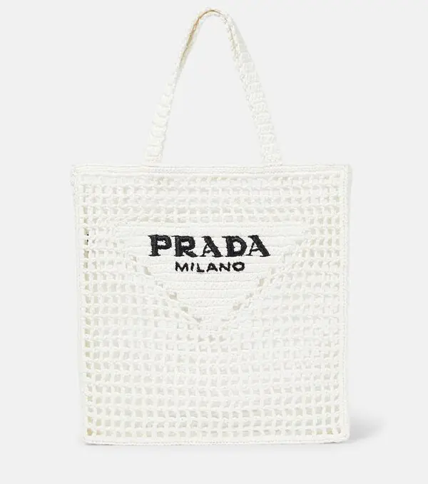 Prada Logo Raffia Tote Bag - White