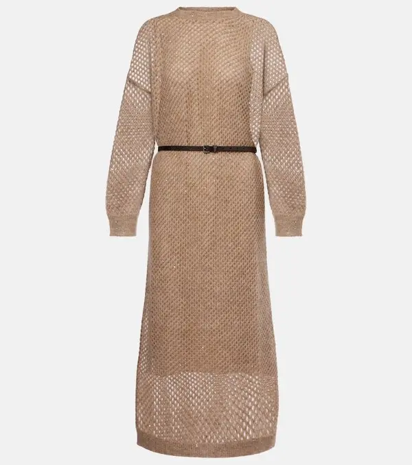 Brunello Cucinelli Belted Knitted Midi Dress - Brown