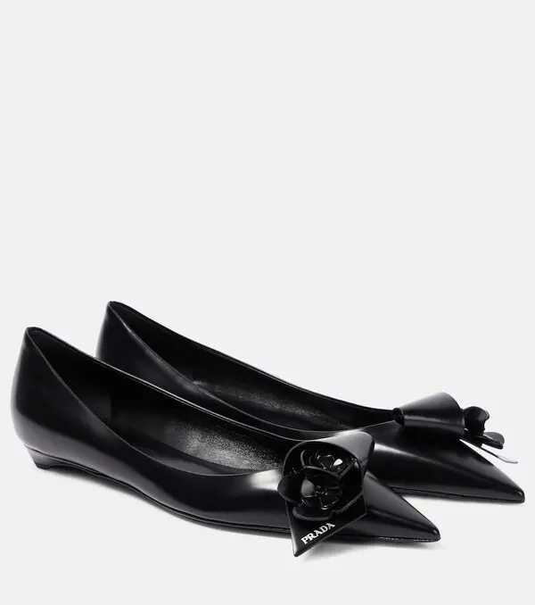 Prada Floral-appliqué Leather Ballet Flats