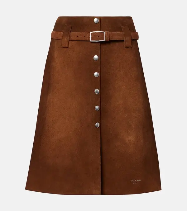 Prada Belted Suede Midi Skirt