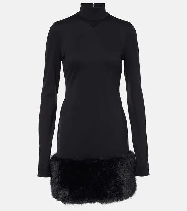 Prada Faux Fur-trimmed Turtleneck Minidress