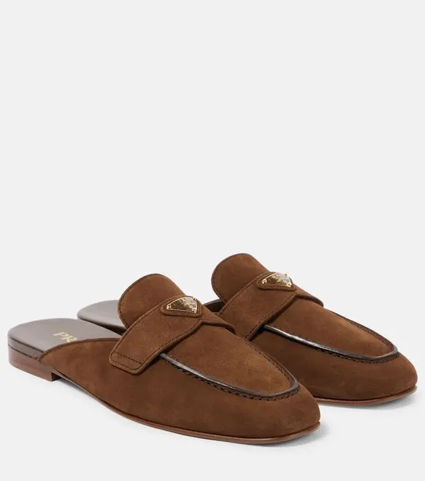 Prada Logo Suede Mules - Brown