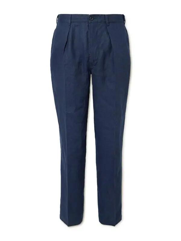 DRAKE'S Games Tapered Pleated Linen Trousers - Blue