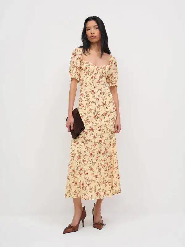knee length dresses for ladies Calista Yellow Floral Dress Small main image 1