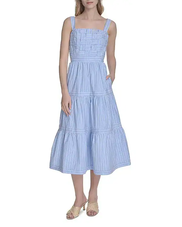 Eliza J Square Neck Midi Dress In Blue White 44% Off Editorialist