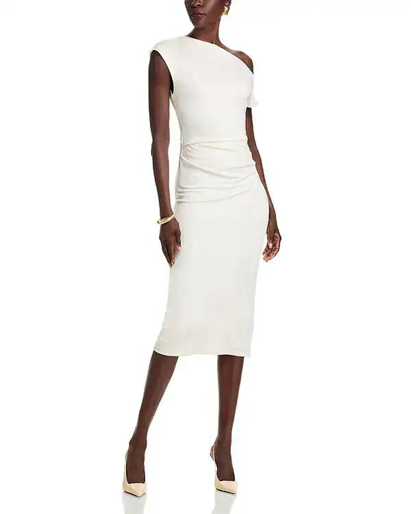 Hugo Boss One Shoulder Bodycon Dress In Open White 66% Off