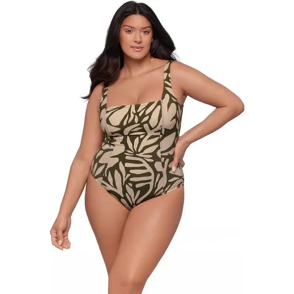 S3 Square Neck Lace-up Back One Piece Swimsuit - Modern Foliage Eucalyptus