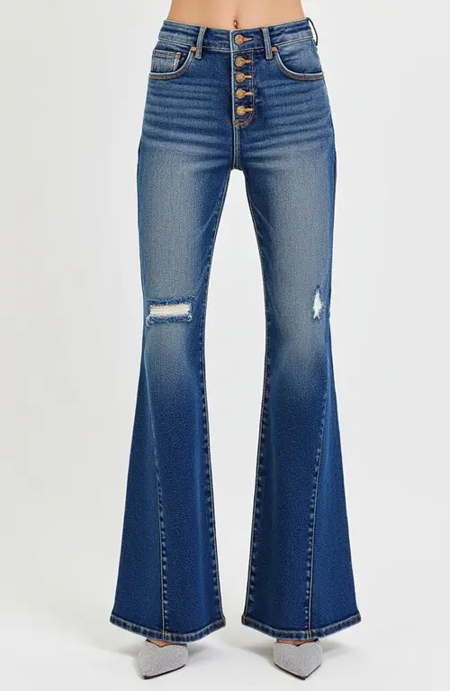 MODENAIRE High Rise Flare Jeans With Button Fly And Distressed Detail - Deep Indigo