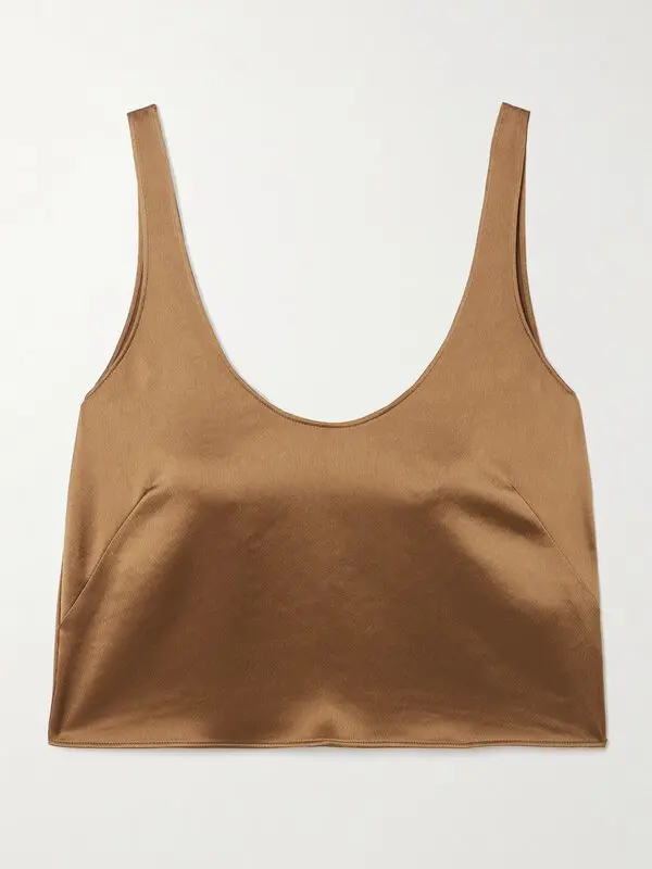 LESET Barb Scoop Cropped Washed-satin Tank - Brown