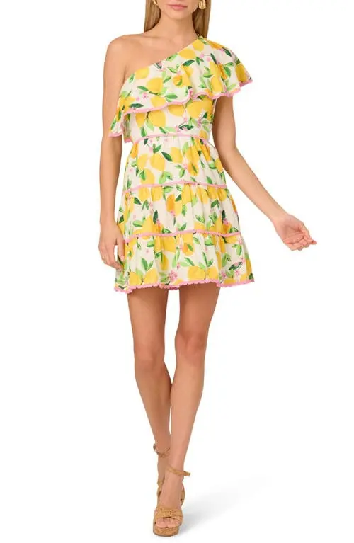 Adrianna Papell Print Clip Dot Ruffle One-shoulder Tiered Minidress
