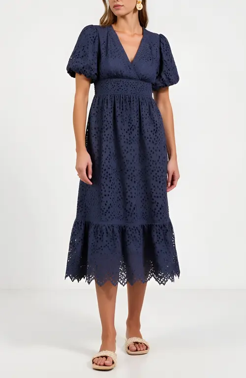 MODENAIRE Puff-sleeve Eyelet Midi Dress