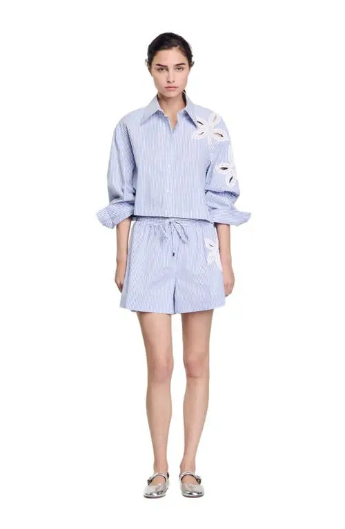 Sandro Striped Shorts With Floral Embroidery - Sky Blue