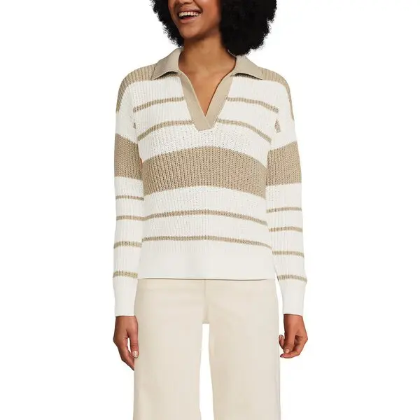 LANDS' END Cotton Bouclé Johnny Collar Sweater - Ivory/champagne Stripe