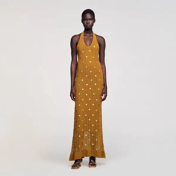 Sandro Backless Maxi Knit Dress With Tassels In Olive - 20% Off |  Editorialist