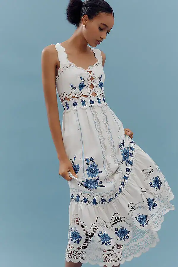 knee length dresses for ladies White Richelieu Sleeveless Midi Dress – FARM Rio main image 1