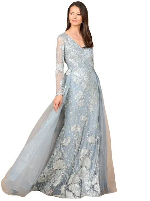 LARA NEW YORK Long Sleeve Lace Gown With Overskirt - Silver