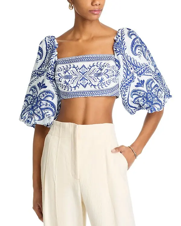 Farm Rio Linen Balloon Sleeve Cropped Top - Blue Tropi