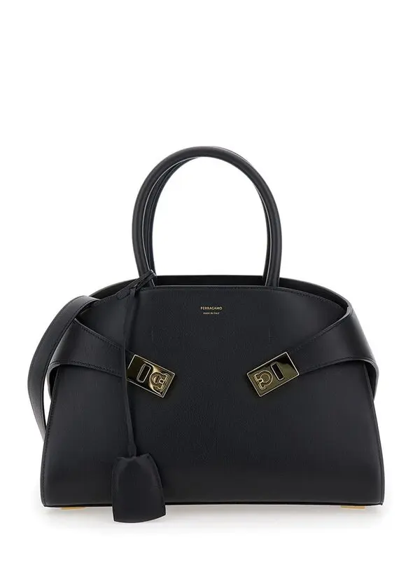 FERRAGAMO Leather Handbag With Gancini Buckle - Black