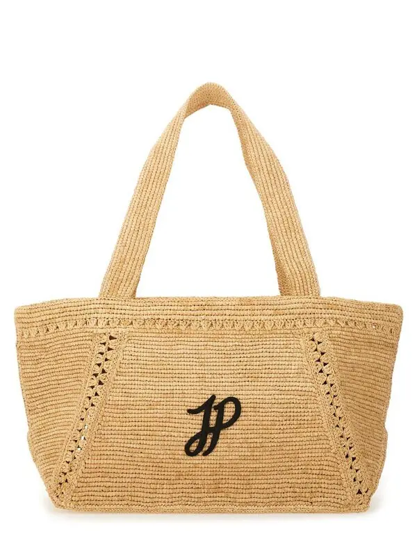 Patou Large Trapeze Raffia Tote - Beige