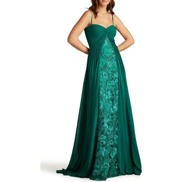 Tadashi Shoji Mixed Media Embroidered Gown