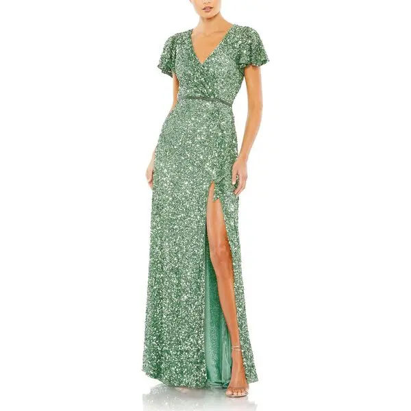 Mac Duggal Sequined Wrap Gown With Butterfly Sleeves - Sage