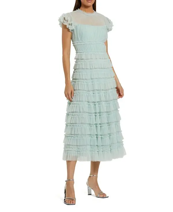Mac Duggal Mesh Micro Ruffle High Neck Cap Sleeve Midi Dress - Mint
